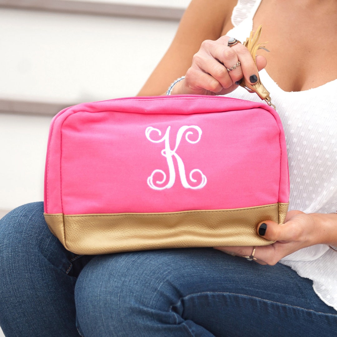 Personalized Hot Pink Cabana Cosmetic Bag, Makeup Case, Pink and Gold ...
