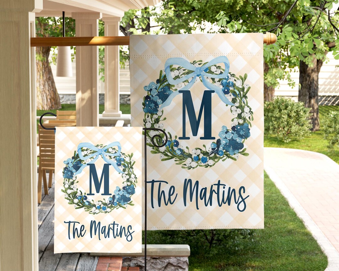 Personalized Spring Wreath Garden Flag Monogram Family Name Flag Blue ...