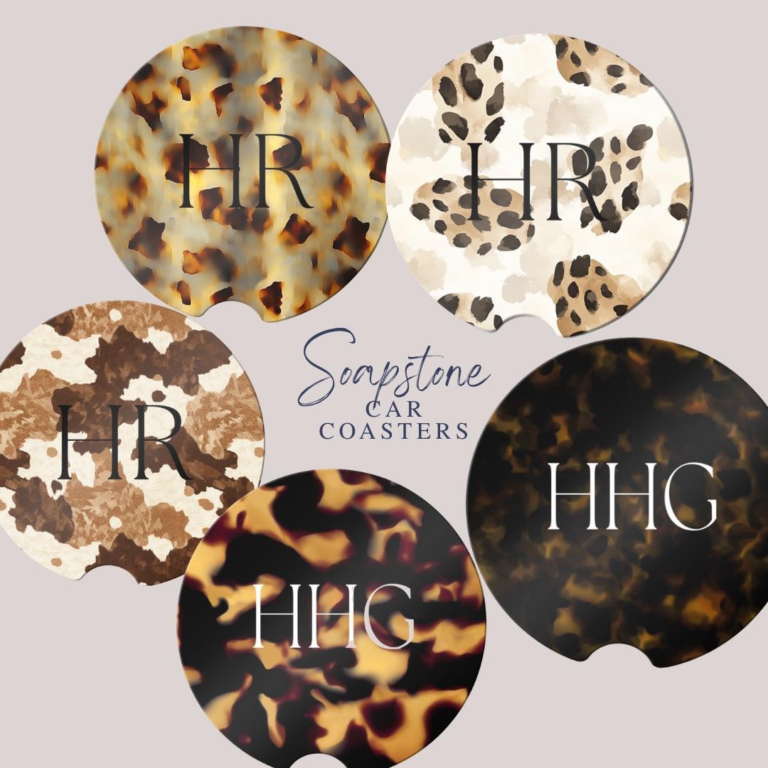 Custom Monogram Car Coaster Set Personalized Animal Print Cup Holder ...