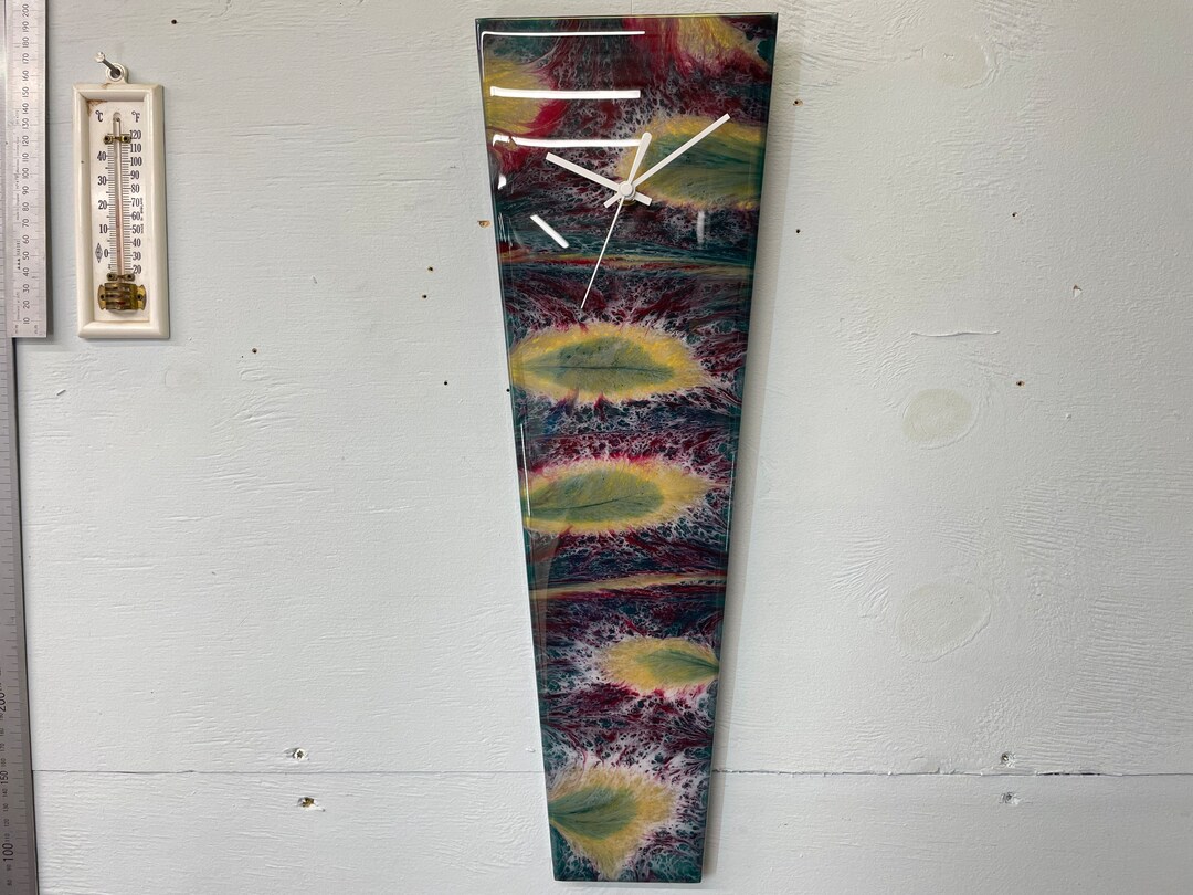 Narrow Dark Green Gold and Maroon Abstract Resin Wall Clock, Long ...