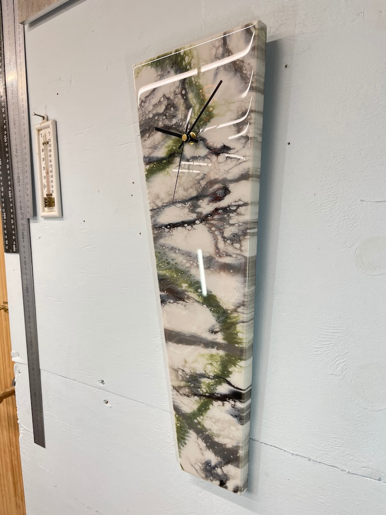 Narrow White Black Grey and Green Abstract Resin Wall Clock - Etsy UK