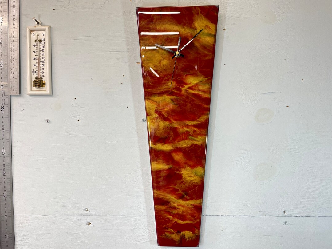 Narrow Blood Red Maroon and Gold Abstract Resin Wall Clock, Long Modern ...