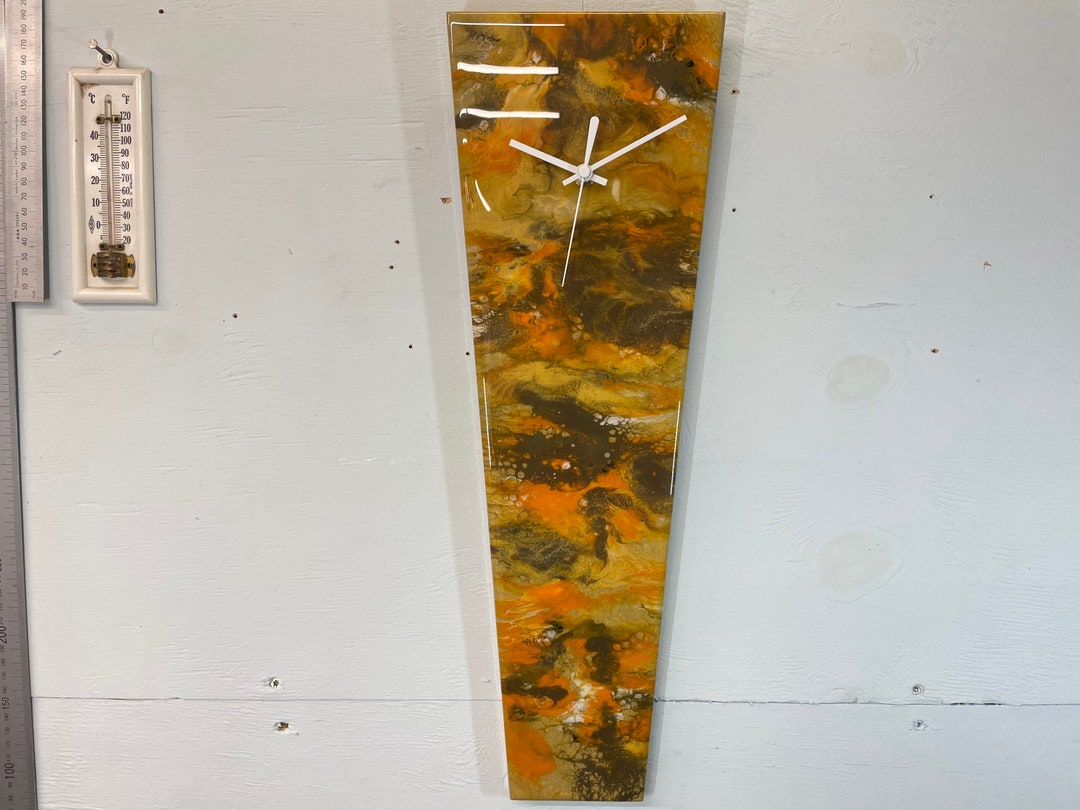 Narrow Brown and Burnt Orange Abstract Resin Wall Clock, Long Modern ...
