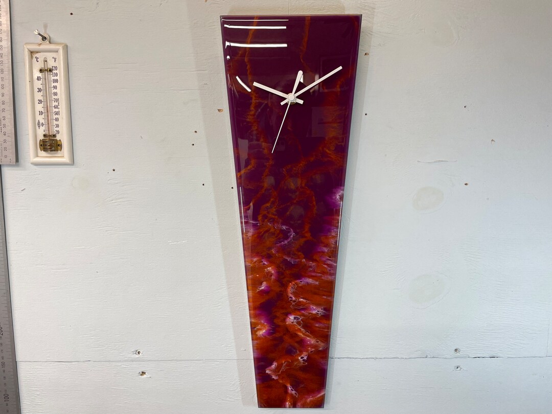 Narrow Dark Purple Plum and Copper Abstract Resin Wall Clock, Long ...