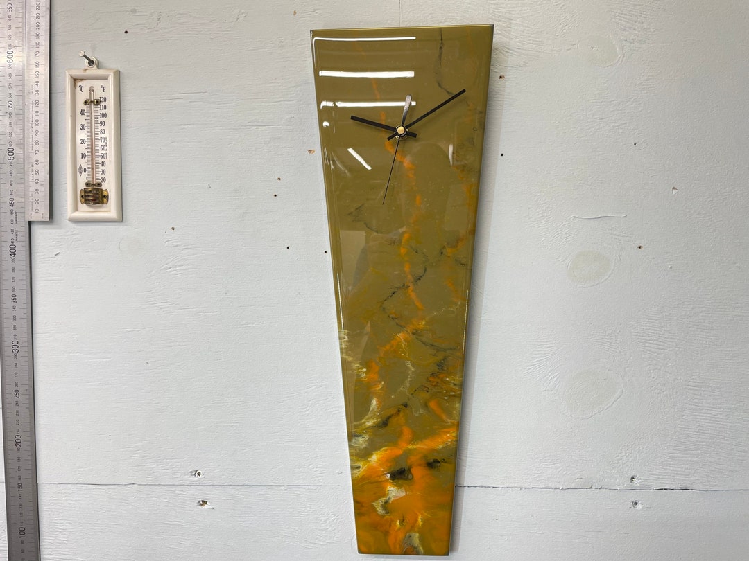 Narrow Green Brown and Orange Abstract Resin Wall Clock, Long Modern ...