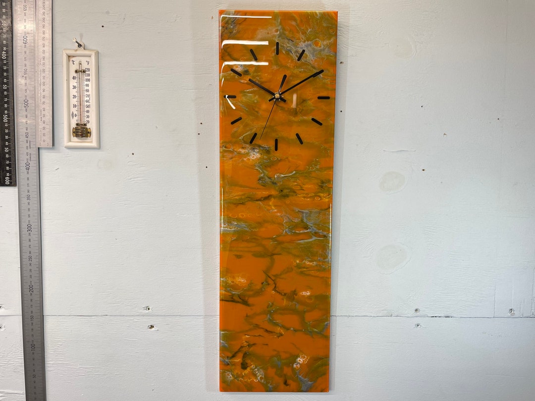 Narrow Burnt Orange and Metallic Silver Abstract Resin Wall Clock, Long ...