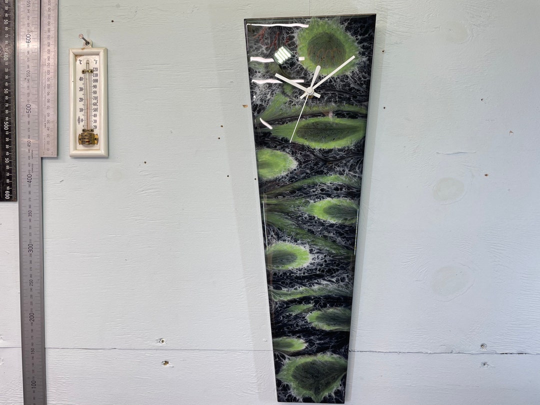 Narrow Black Green and White Abstract Resin Wall Clock, Long Modern ...