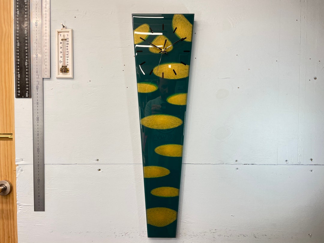 70cm Long Narrow Dark Green and Gold Abstract Resin Wall Clock, Modern ...