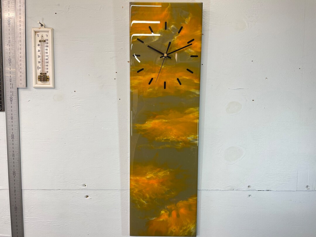 Narrow Green Brown and Burnt Orange Abstract Resin Wall Clock, Long ...