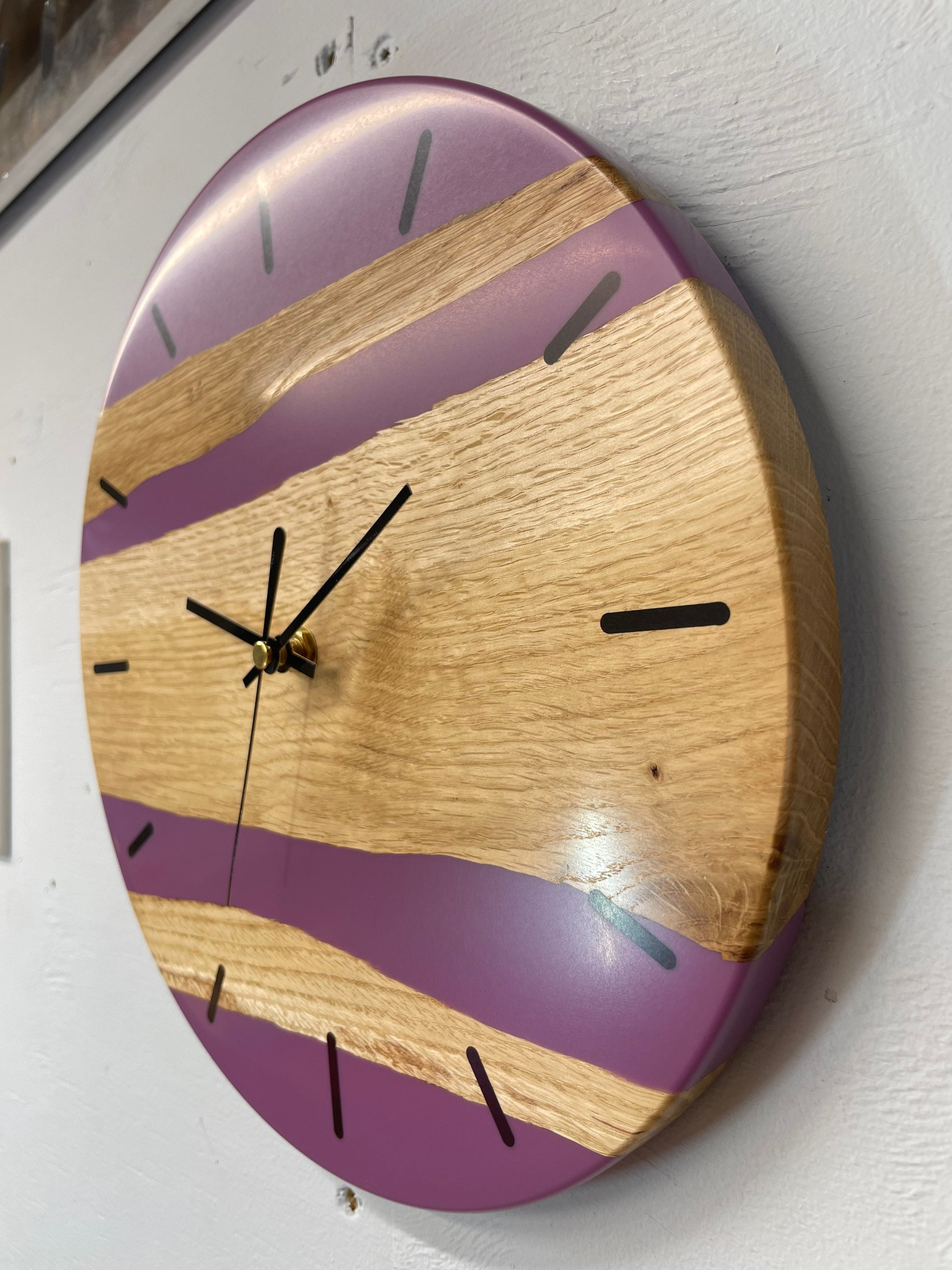 English Oak and Mauve Resin Wall Clock,, Modern Wall Clock, Abstract ...