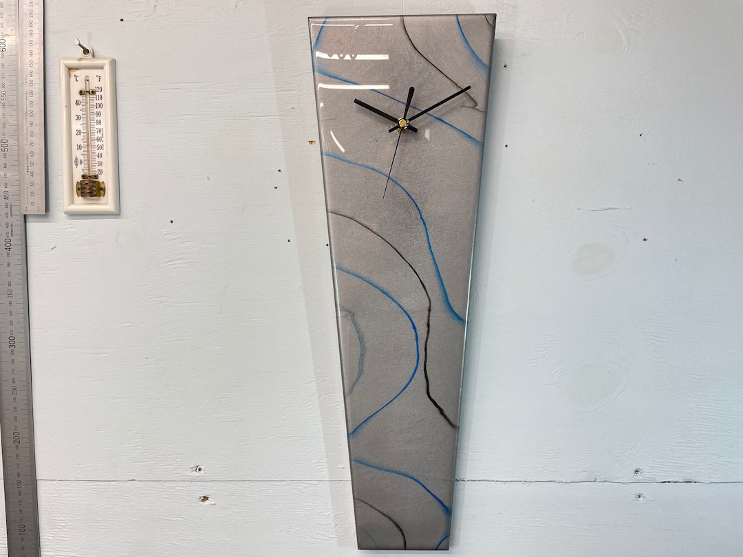 Narrow Metallic Silver Blue and Black Abstract Resin Wall Clock, Long ...