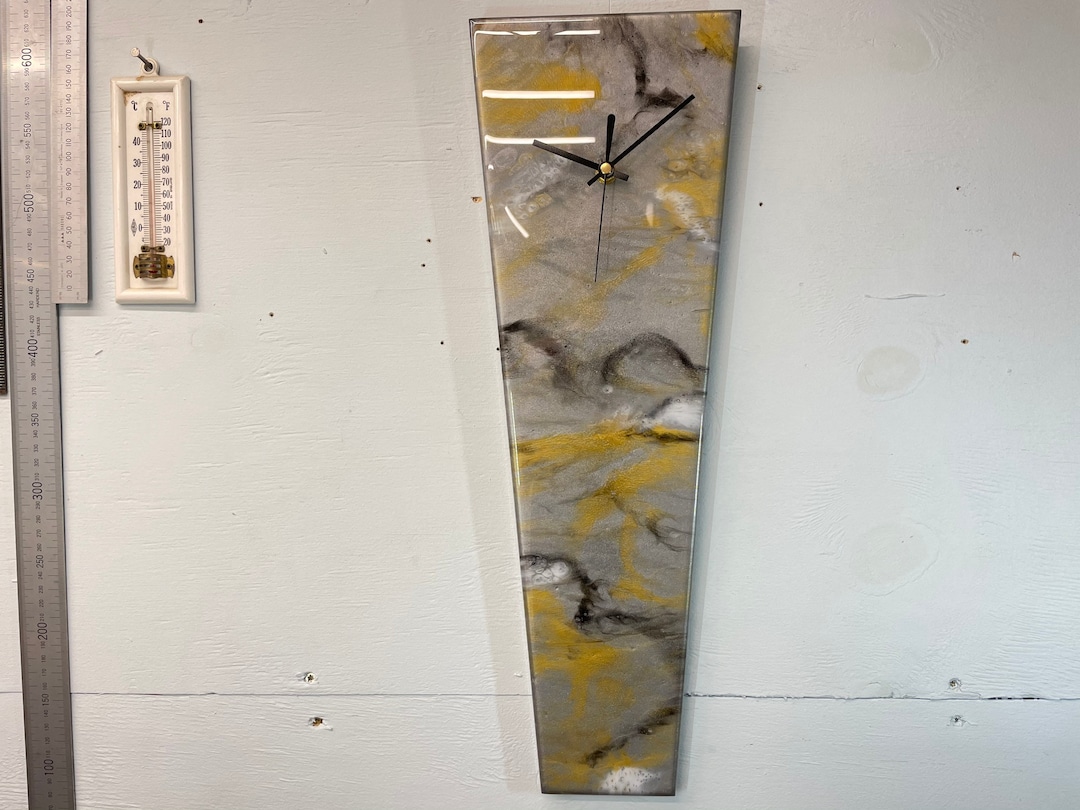 Narrow Metallic Silver Black Gold and White Abstract Resin Wall Clock ...