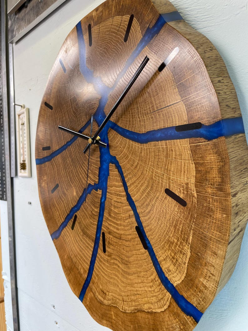 English Oak Wooden Wall Clock, Pearlescent Blue Resin Wood Clock, Blue ...