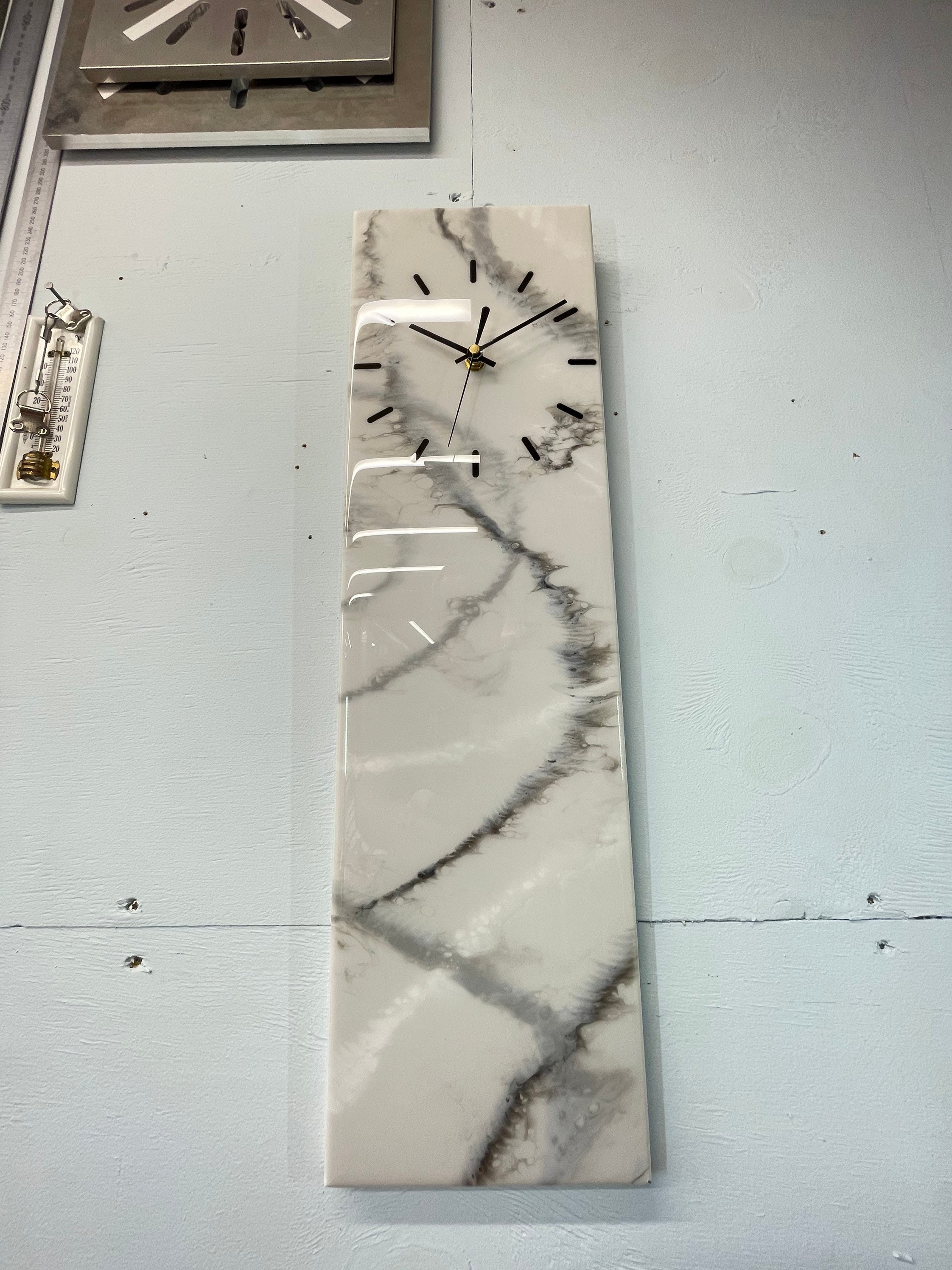 Narrow Grey Black & White Abstract Resin Wall Clock Long | Etsy