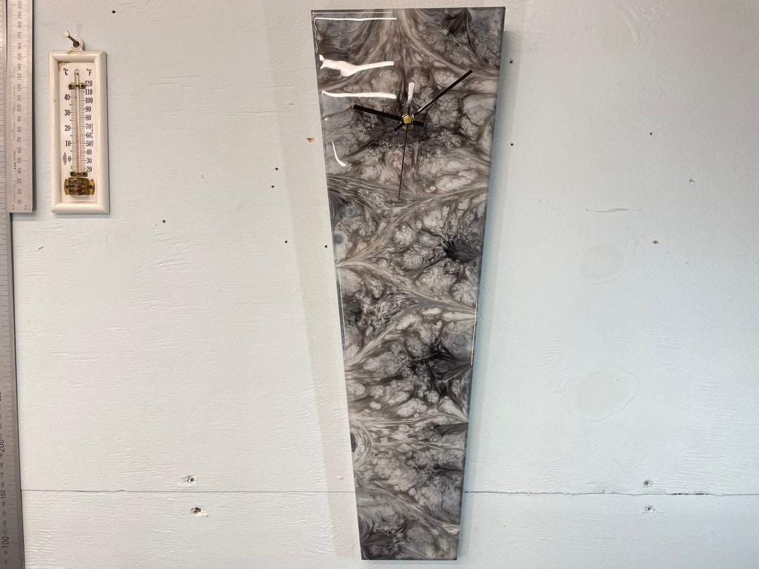 Slim Narrow Grey Black and White Abstract Resin Wall Clock, Long Modern ...