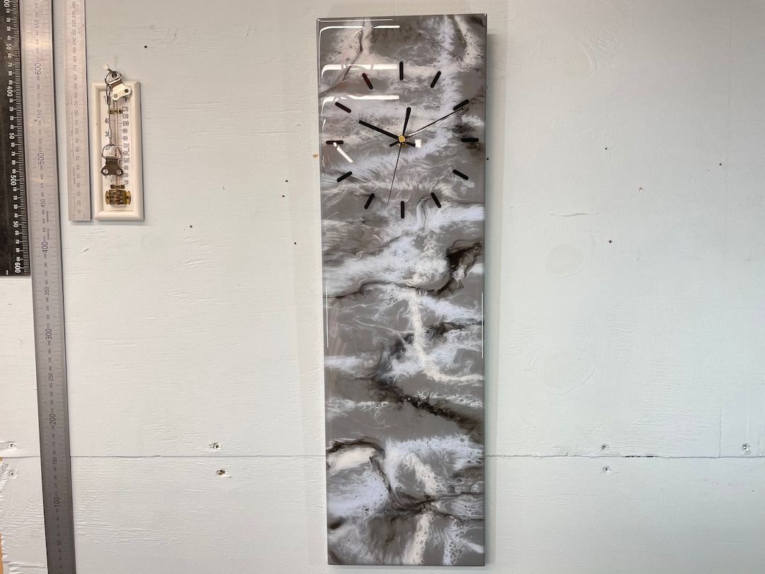 Narrow Grey Black White & Pale Blue Abstract Resin Wall Clock, Long ...