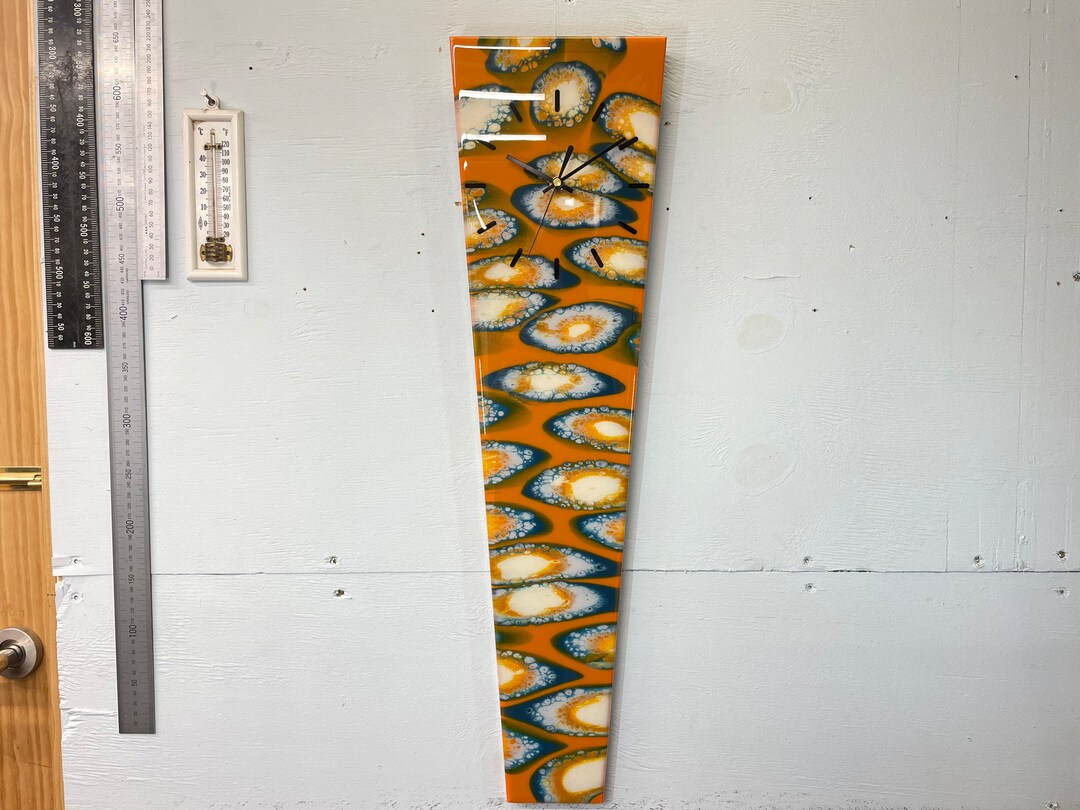 70cm Long Narrow Burnt Orange Ivory and Blue Abstract Resin Wall Clock ...