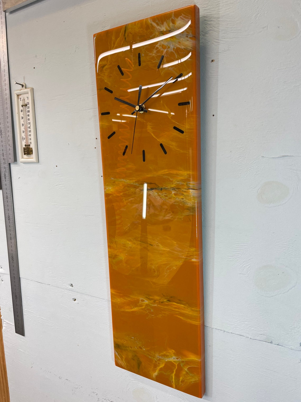 Narrow Burnt Orange Ivory and Black Abstract Resin Wall Clock, Long ...