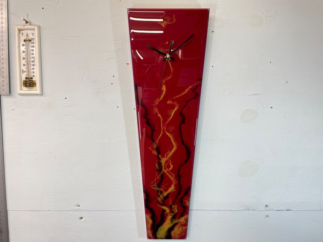 Narrow Dark Red Maroon Black and Gold Abstract Resin Wall Clock, Long ...