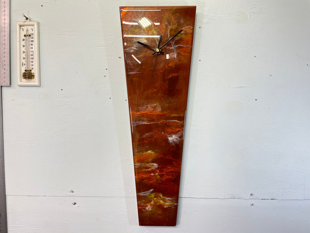 Modern Narrow Brown Copper and Ivory Abstract Resin Wall Clock, Long ...