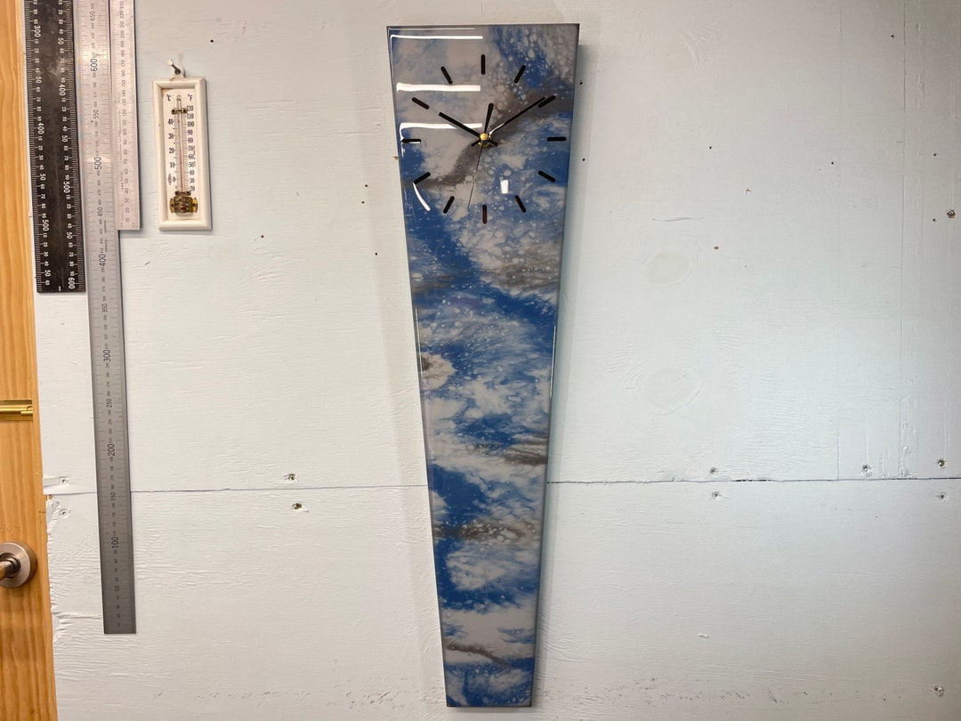70cm Long Narrow Blue and Grey Abstract Resin Wall Clock, Modern Wall ...