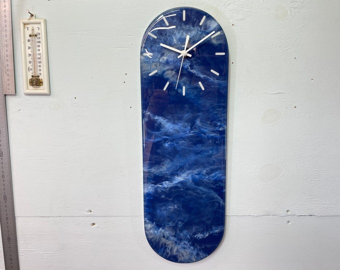 Narrow Navy Blue White and Grey Abstract Resin Wall Clock, Long Modern ...