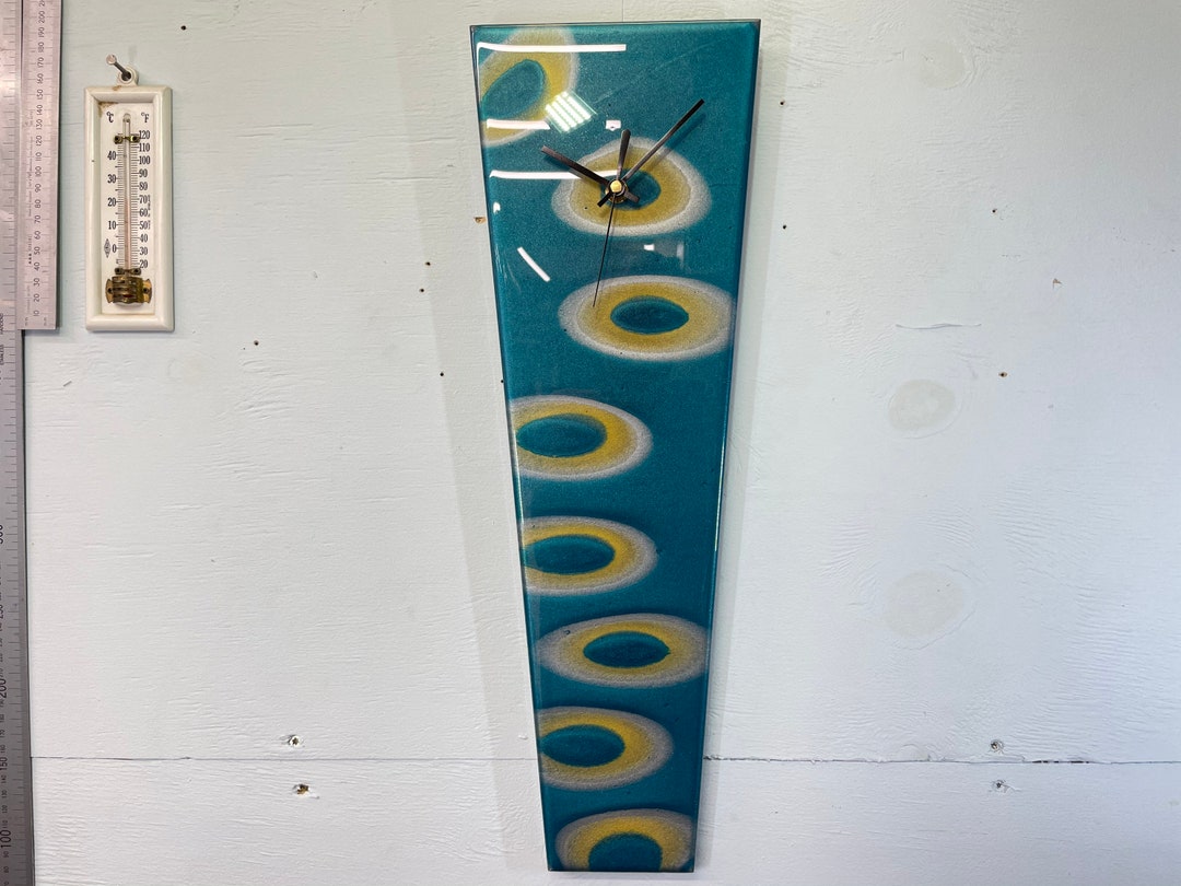 Narrow Turquoise Silver and Gold Abstract Resin Wall Clock, Long Modern ...