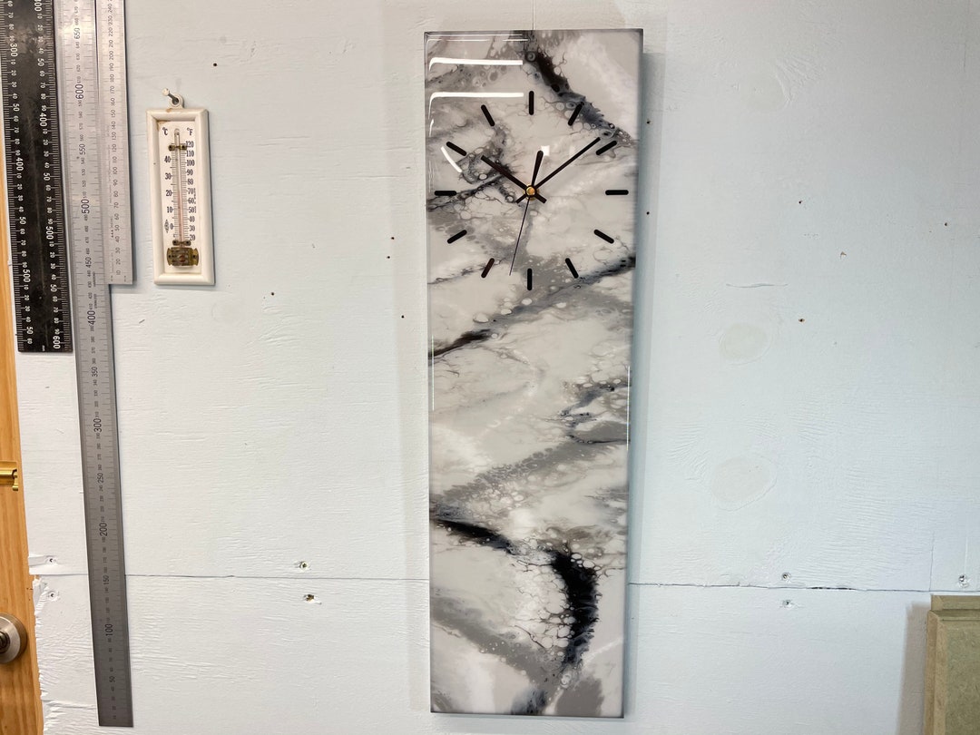Narrow Grey Black & White Abstract Resin Wall Clock, Long Modern Wall ...