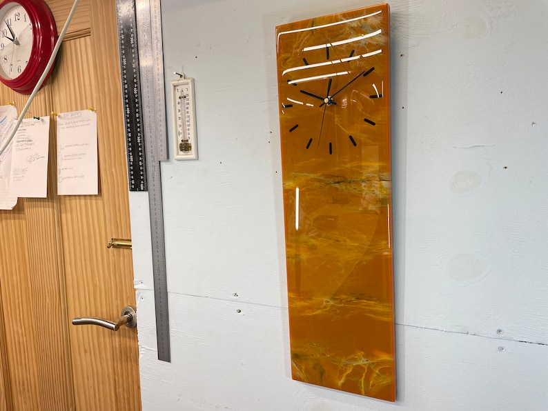Narrow Burnt Orange Ivory and Black Abstract Resin Wall Clock, Long ...