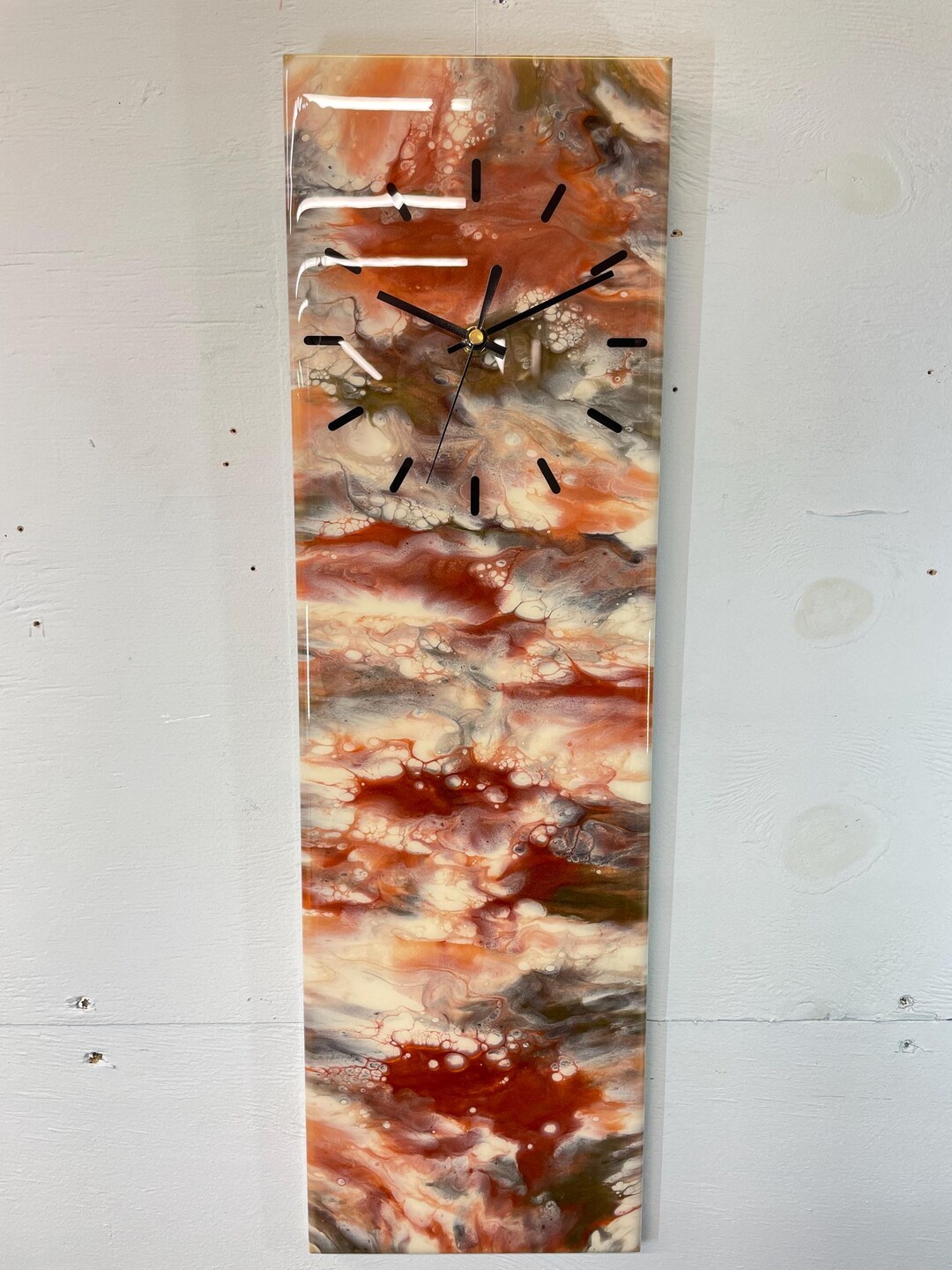 Narrow Ivory Brown and Copper Abstract Resin Wall Clock, Long Modern ...