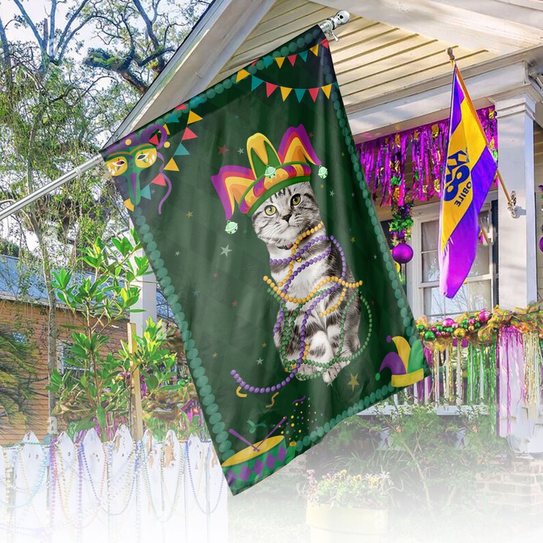 Mardi Gras Cat Jester Flag Carnival Flag Purple Green Yellow - Etsy