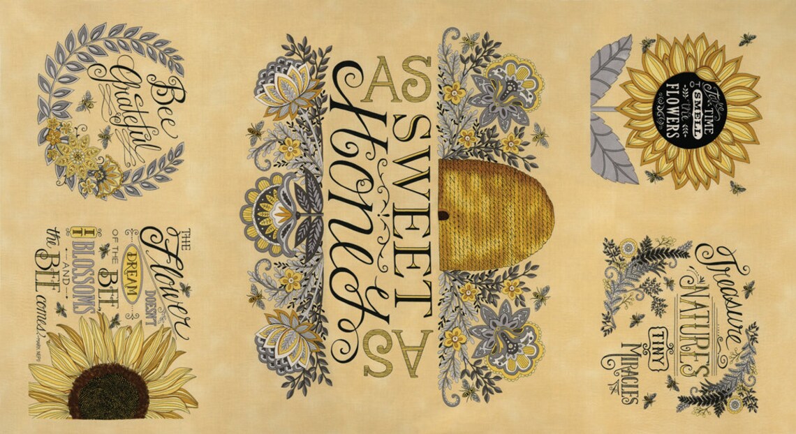 Bee Grateful Honey Yellow PANEL by Deb Strain for Moda Fabrics 19960 12 ...