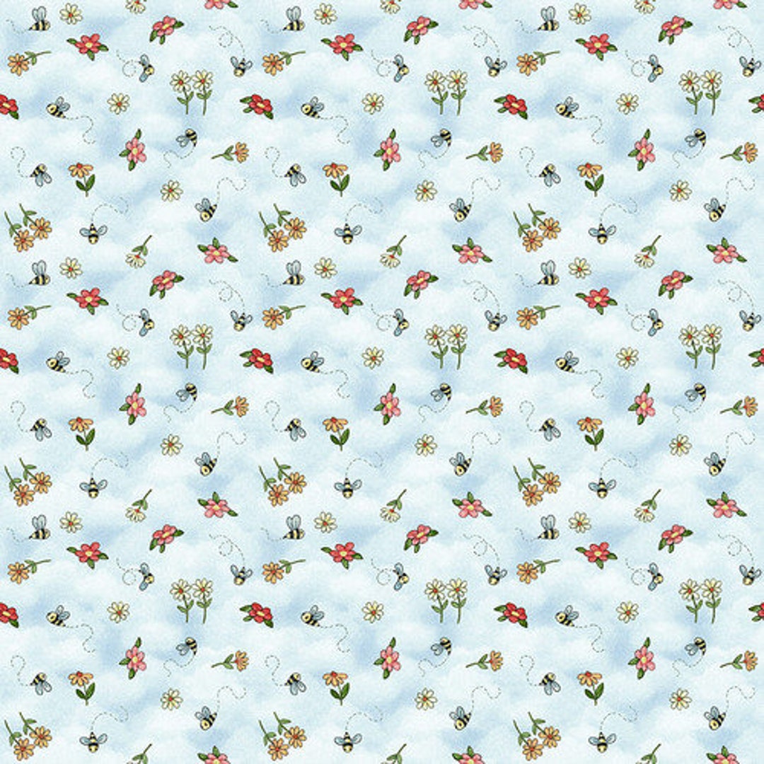 River Romp Bees and Blooms Lt Teal by Sharon Kuplack for Henry Glass ...