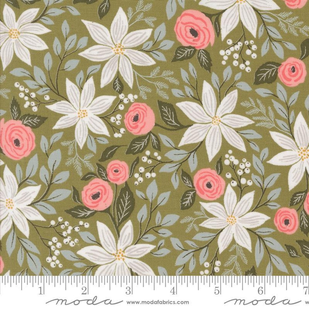 Berry and Pine Poinsettia Party Sage by Lella Boutique for Moda Fabrics 5240 12 Sold in HALF ...