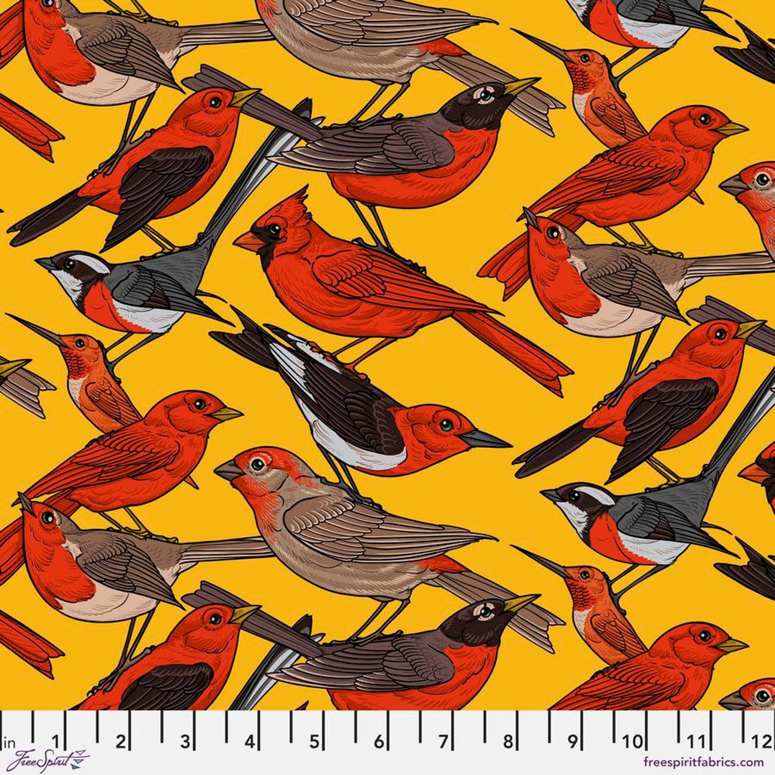 Birds of a Feather Bird Stack Saffron by Rachel Hauer for Freespirit ...