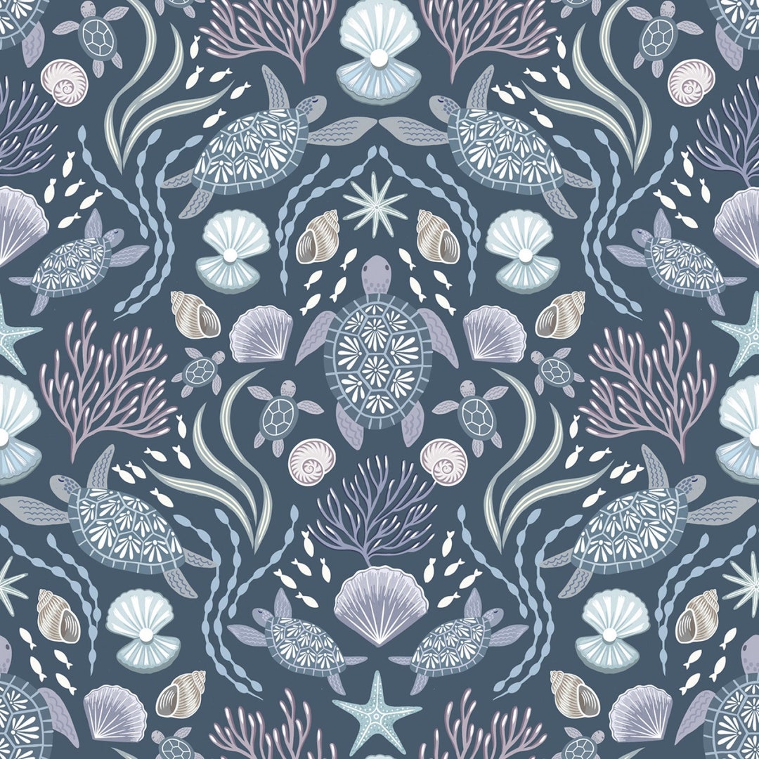 Ocean Pearls Sea Turtle Family on Dark Blue With Pearl by Irene and ...