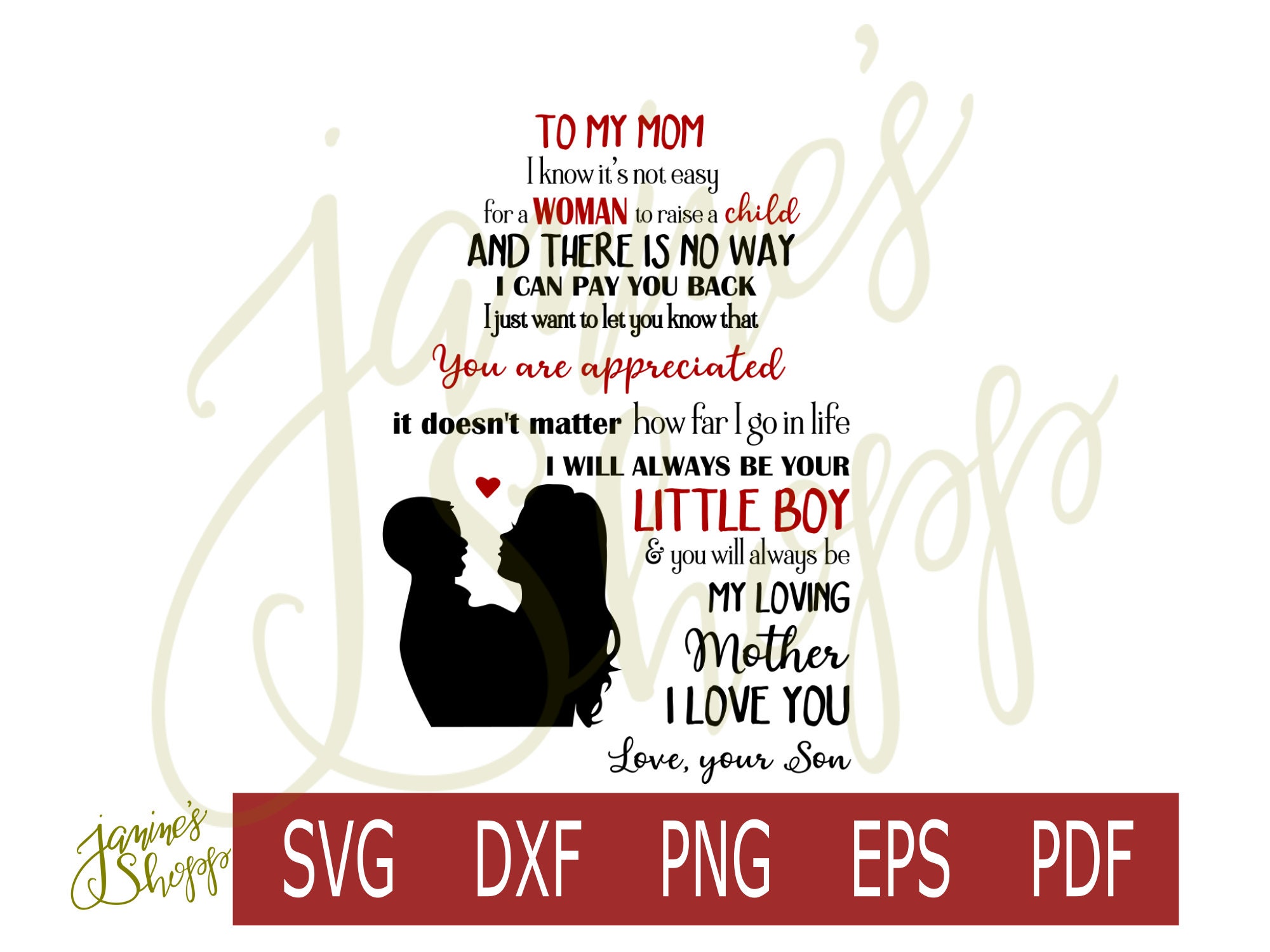 Svg Png to My Mom-mother and Son Silhouette-dxf Eps Pdf for Use With ...