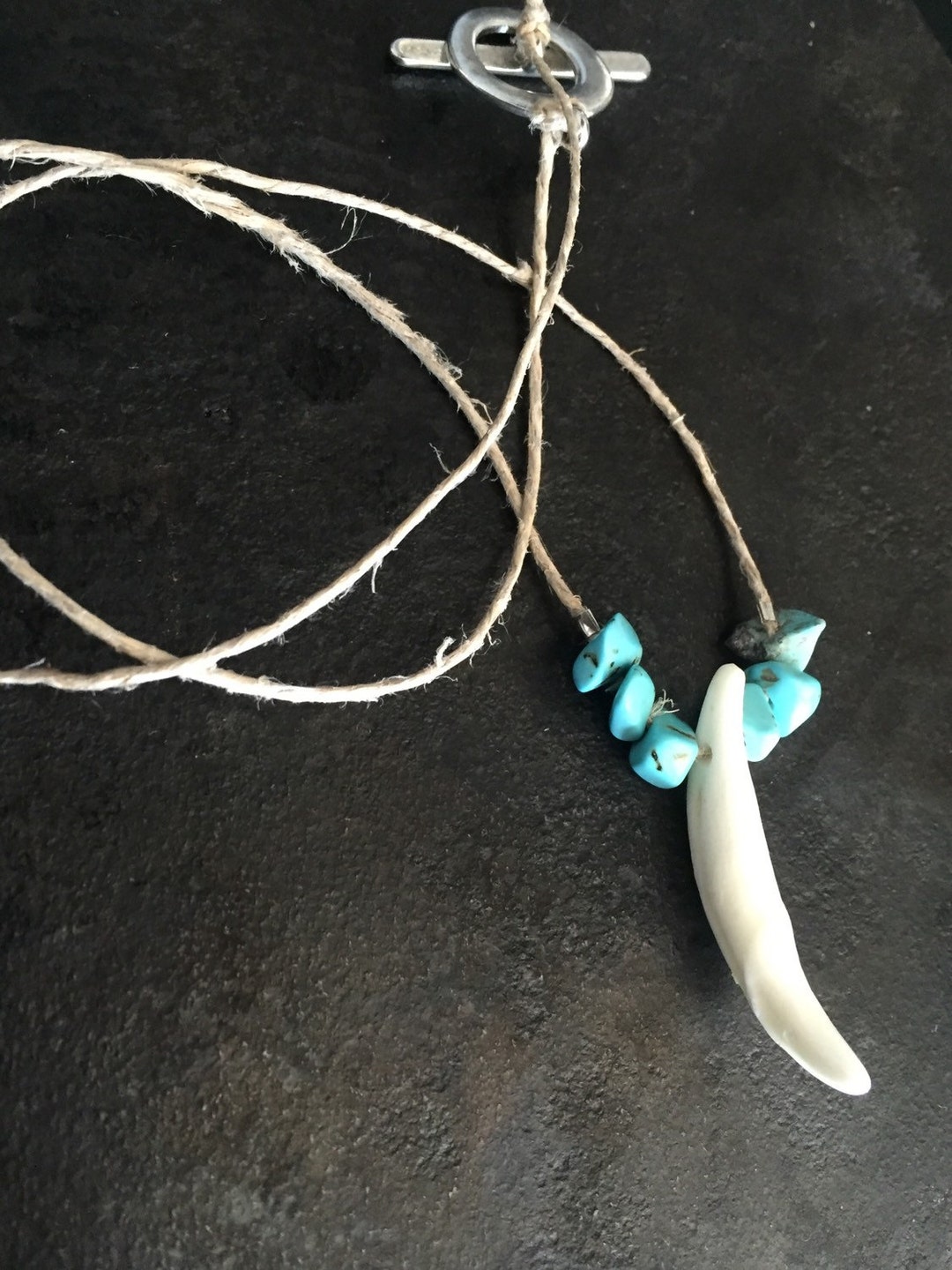 White Wolf Tooth Necklace With Turquoise Stones on a Hemp Cord. White ...