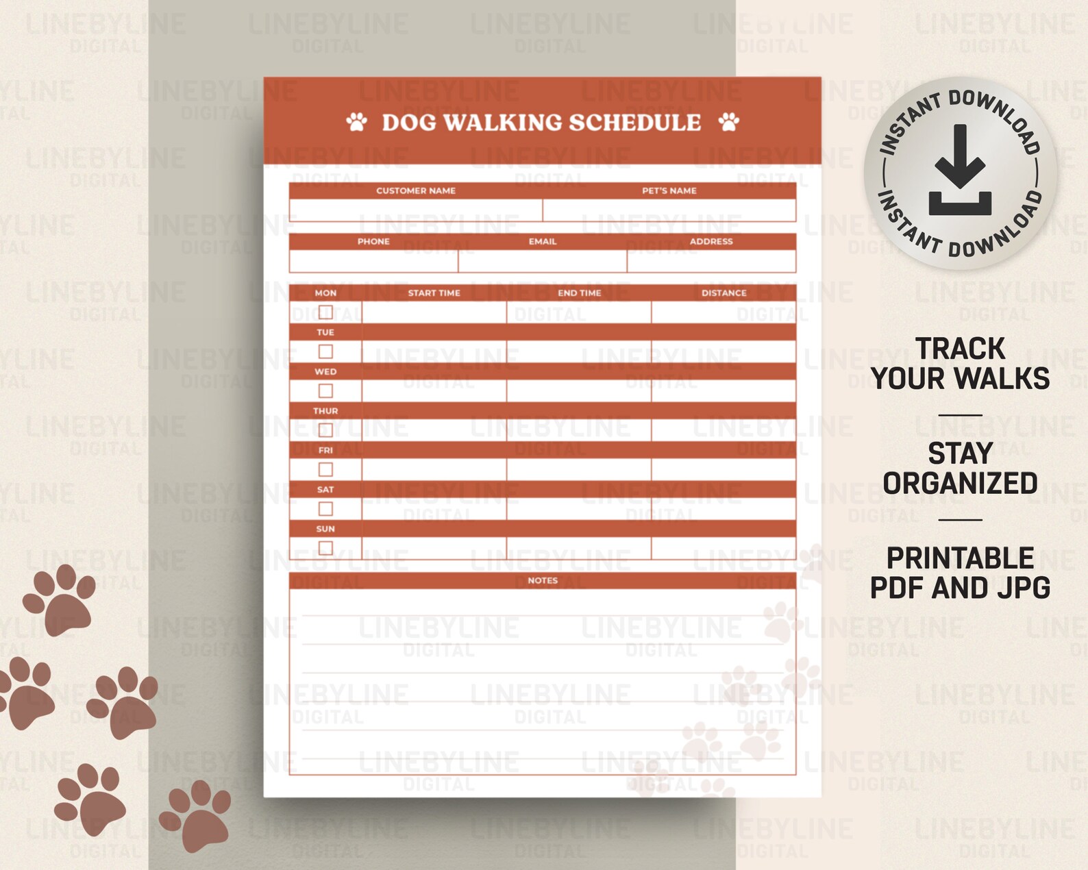 Dog Walking Log, Printable Dog Walking Form, Dog Walk Log Template, Dog ...