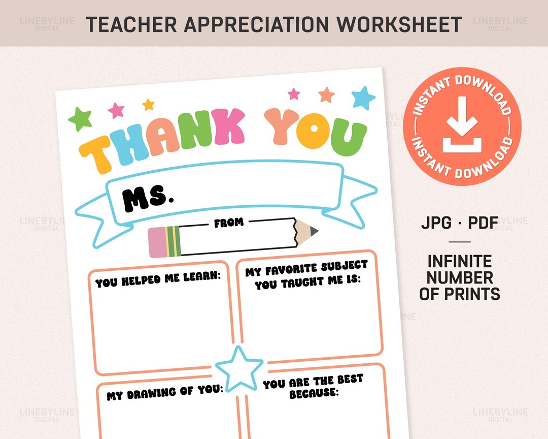 Teacher Appreciation Printable, Student Worksheet, Teacher Appreciation ...