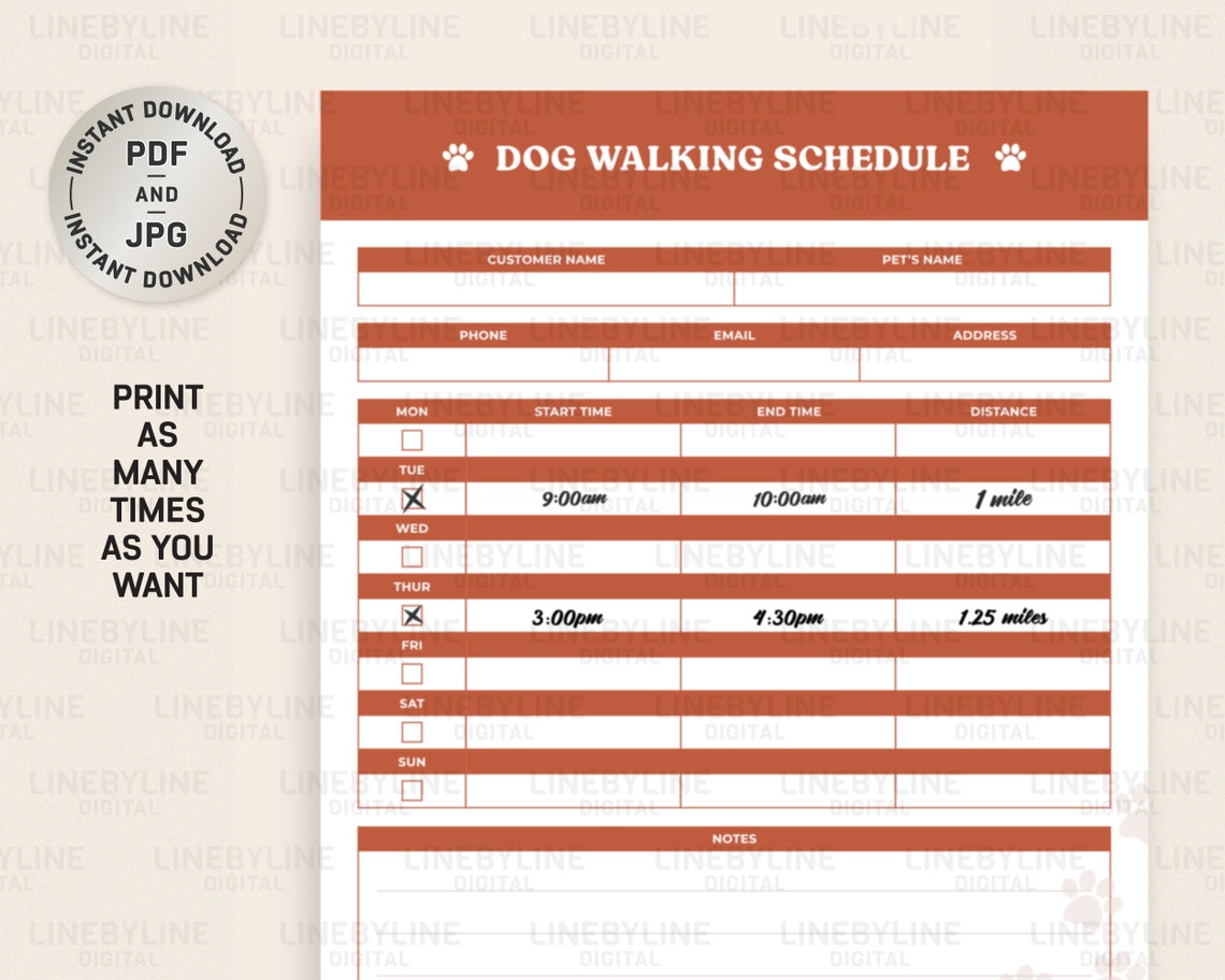 Dog Walking Log, Printable Dog Walking Form, Dog Walk Log Template, Dog ...