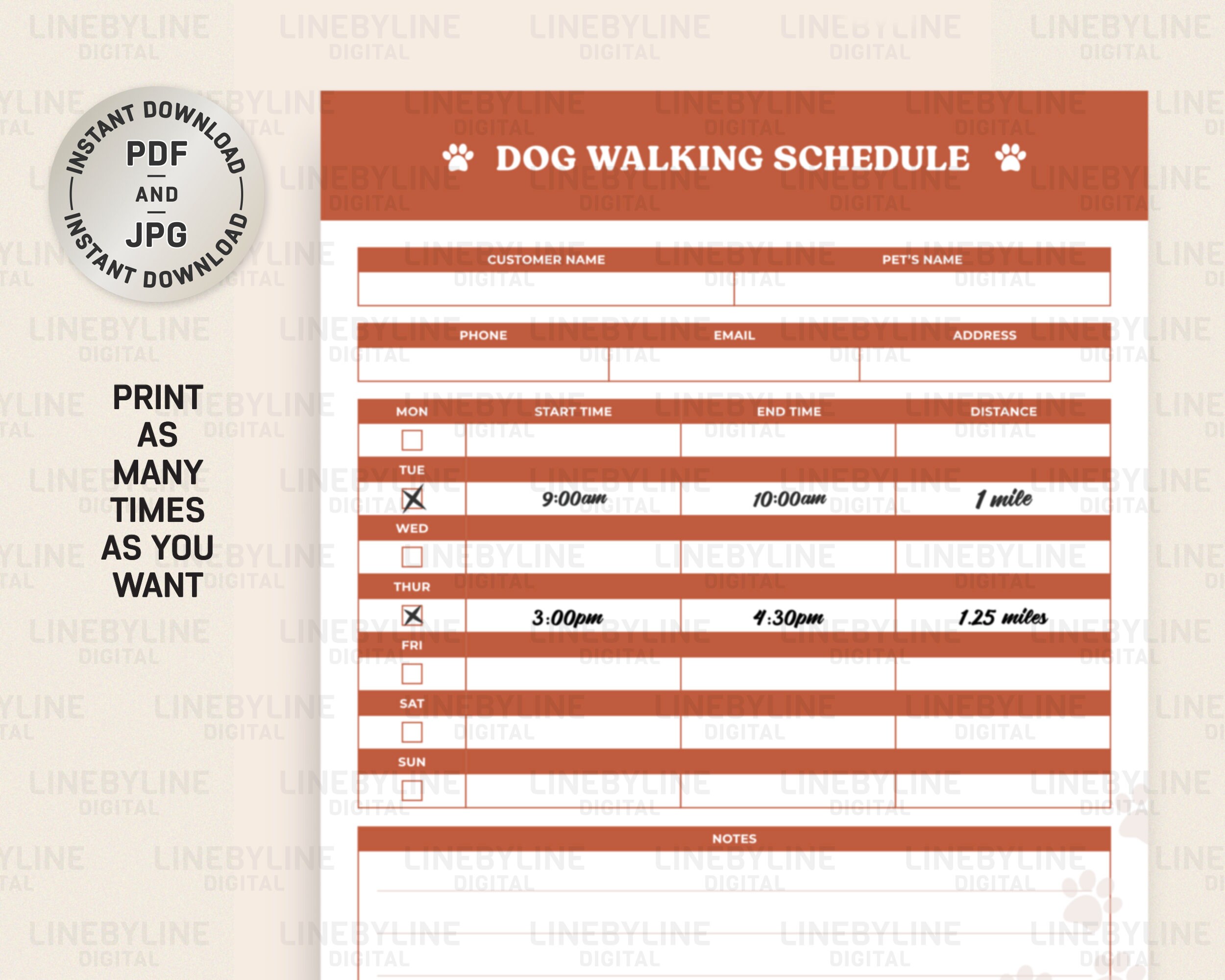 Dog Walking Log, Printable Dog Walking Form, Dog Walk Log Template, Dog ...