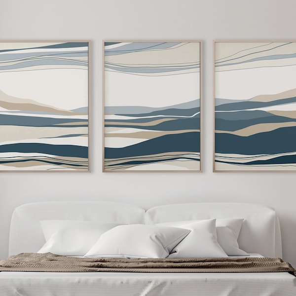 Abstract Lines Printable Poster Set of 3 in Black and Cream, Minimalist ...