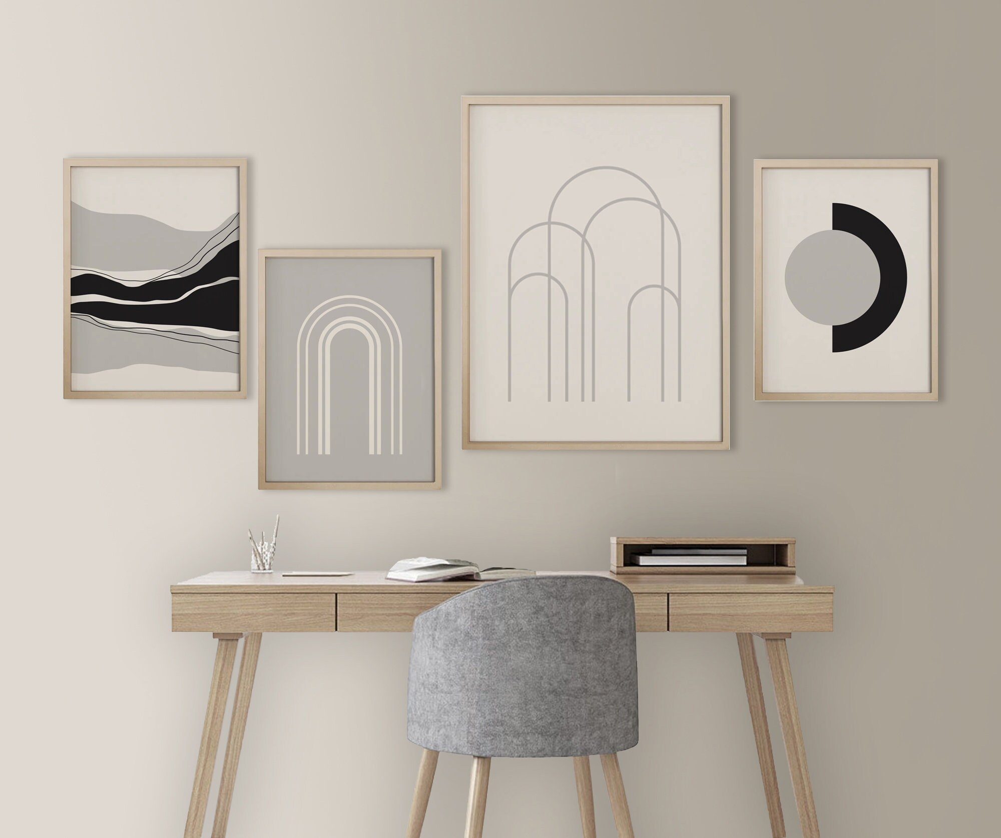 Afiche imprimible de arco y círculo en blanco beige, ilustraciones de ...