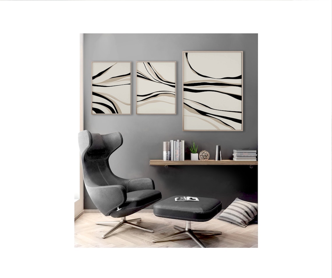 Black Ivory Modern Abstract Line Art Set of 3 Print Download, Organic ...