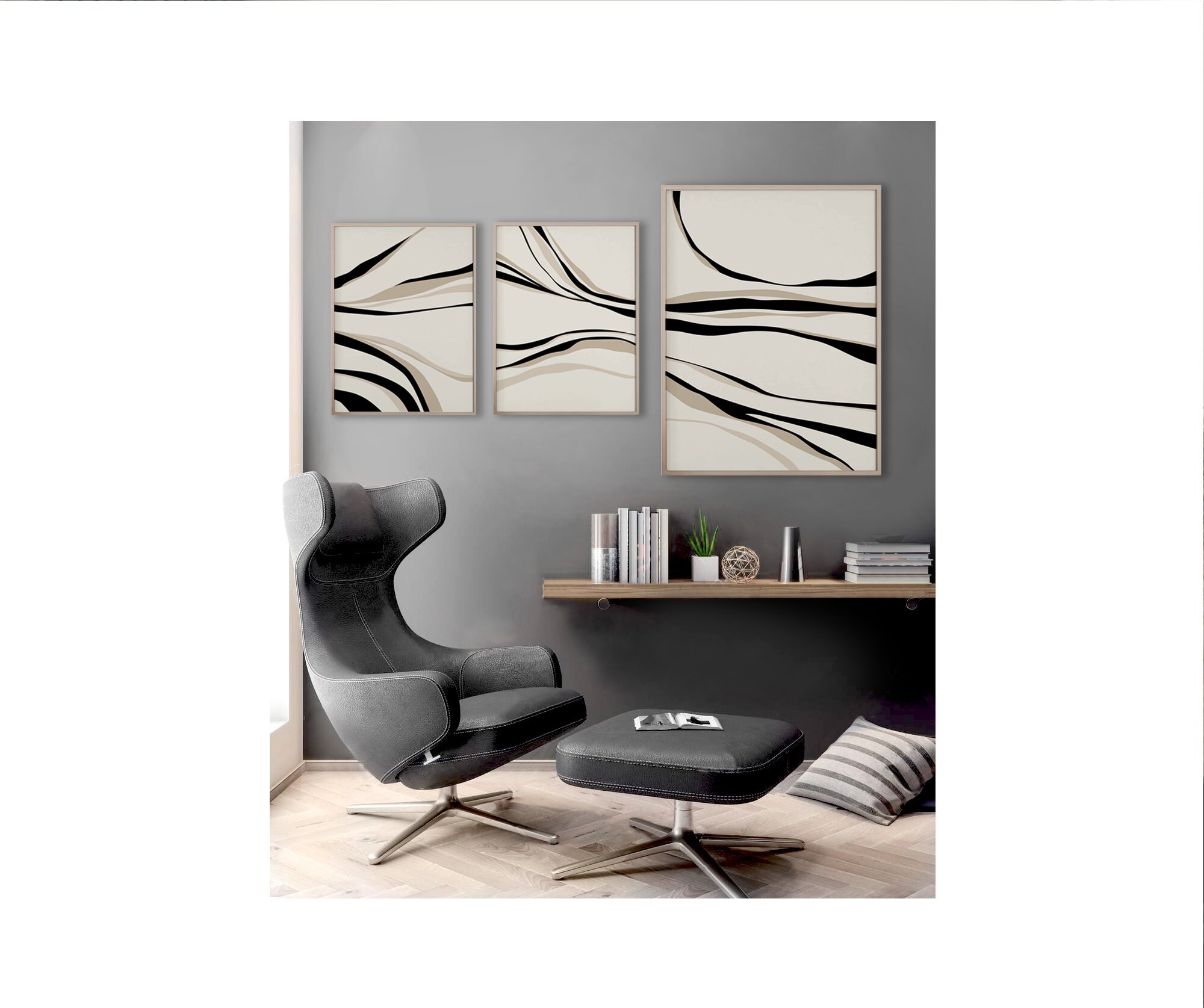 Black Ivory Modern Abstract Line Art Set of 3 Print Download, Organic ...