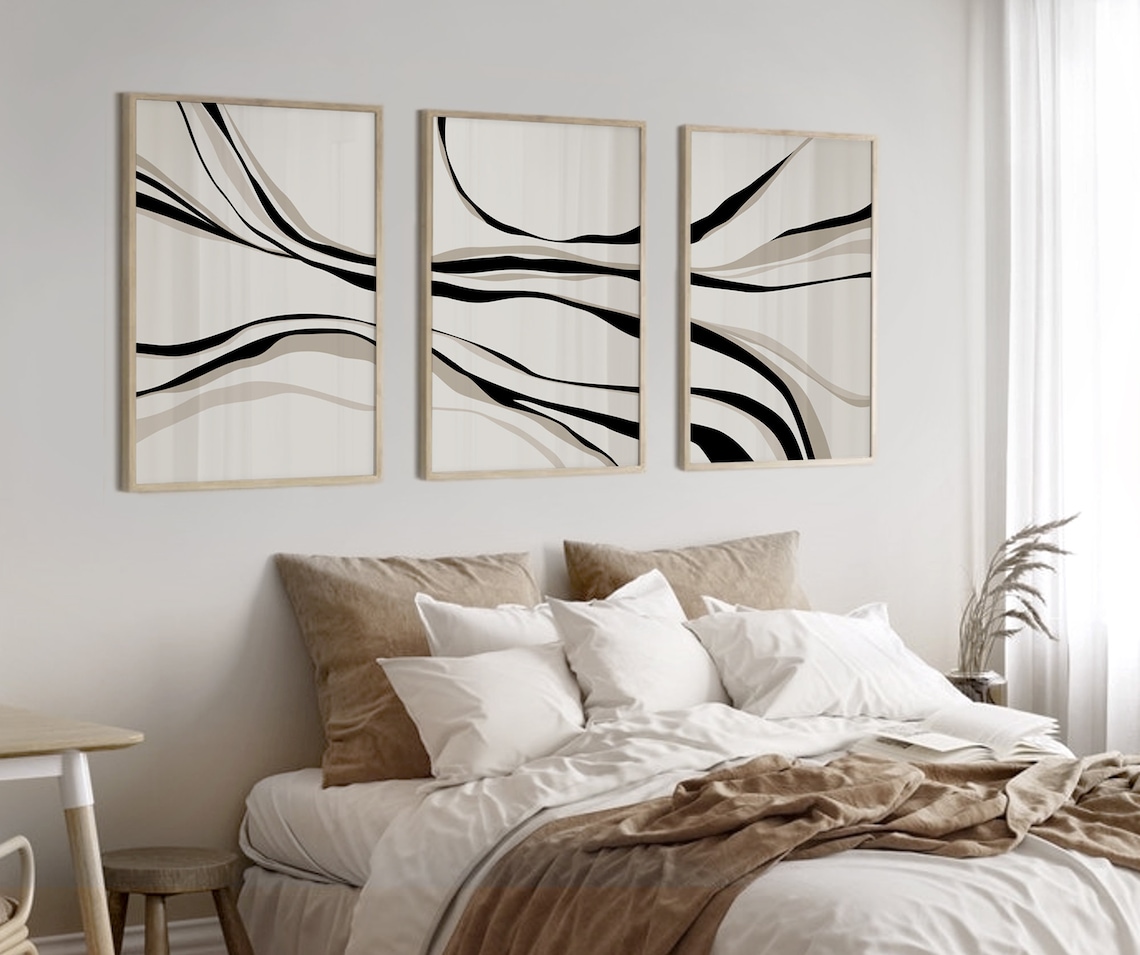 Black Ivory Modern Abstract Line Art Set of 3 Print Download, Organic ...
