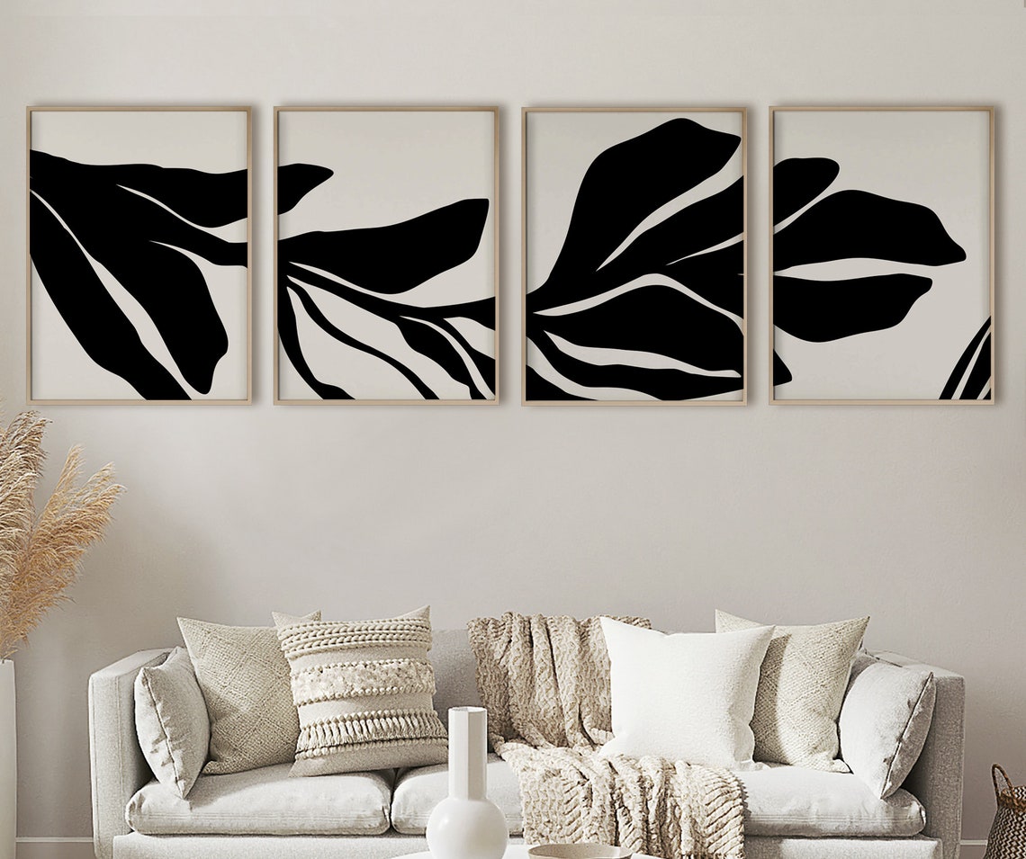 Black and Natural Set of 4 Botanical Printable Wall Art, Black Ivory ...