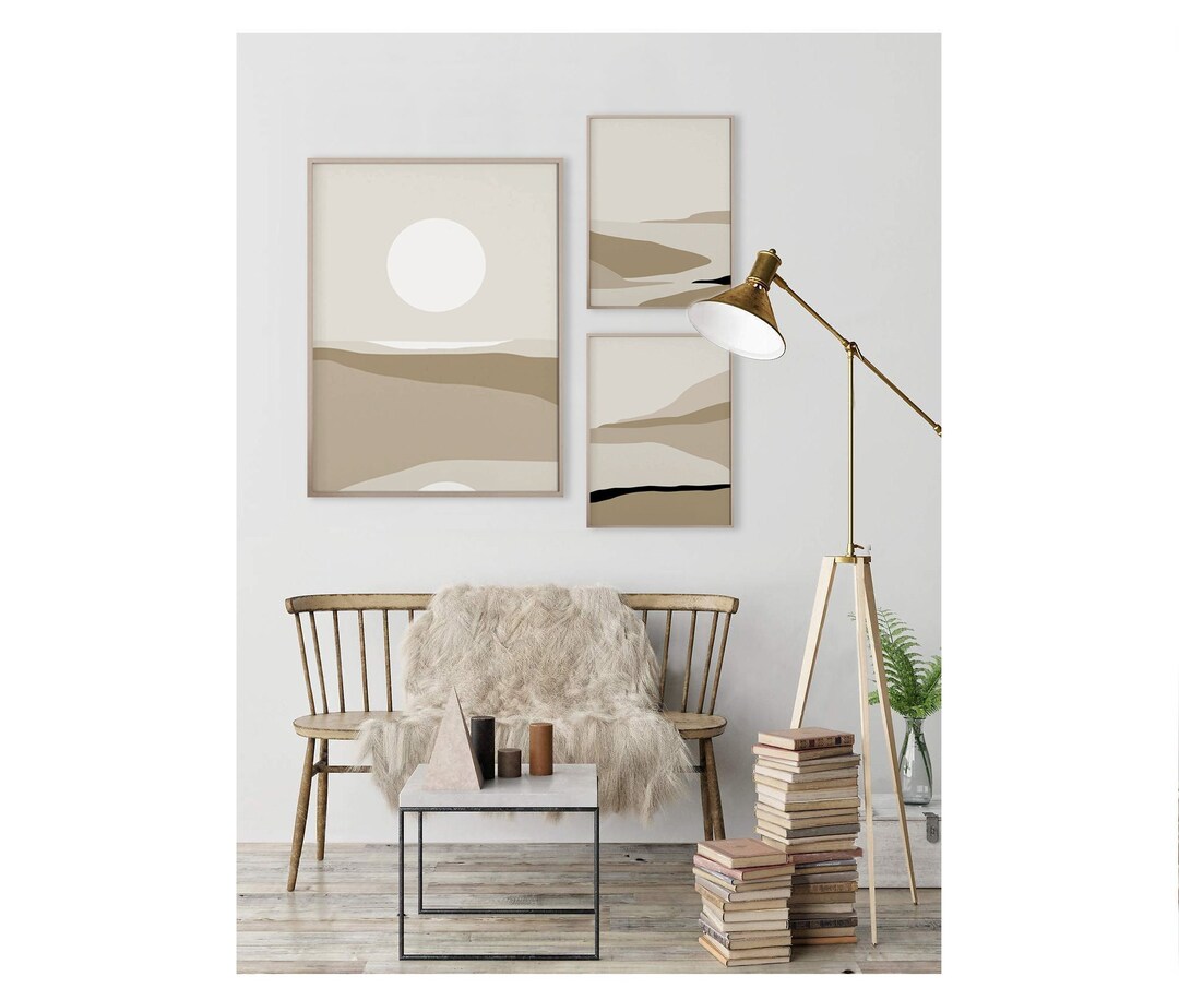 Printable Set of 3 Minimal Mountain and Sun, Neutral Shades Abstract ...