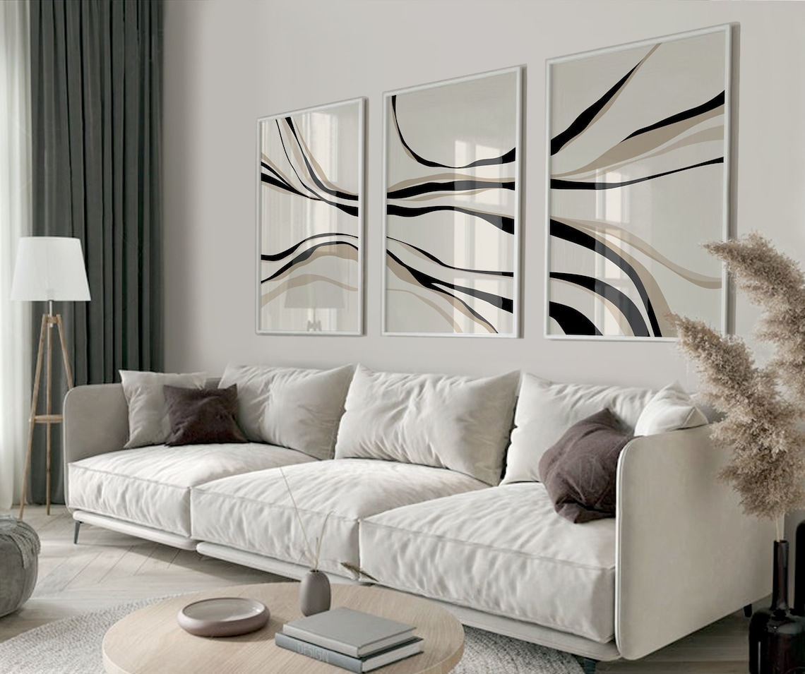 Black Ivory Modern Abstract Line Art Set of 3 Print Download, Organic ...